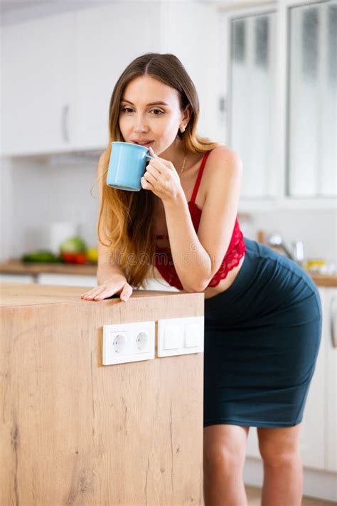 Positive Woman Drinking Coffee Woman With Mug Of Hot Drink In Morning Stock Image Image Of