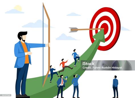 사업가 양궁과 목표물을 겨냥한 사람들은 화살표를 따라 목표를 향해 달려가 동기를 부여하고 목표에 도달하는 방법 흰색 배경에 평면 벡터 일러스트레이션을 제공합니다 공연에 대한