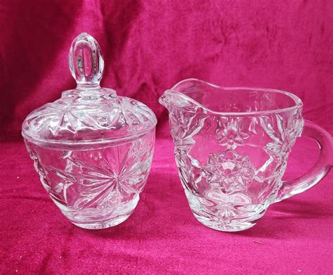 Anchor Hocking Creamer And Sugar Set Prescut Clear Hobstar Pattern