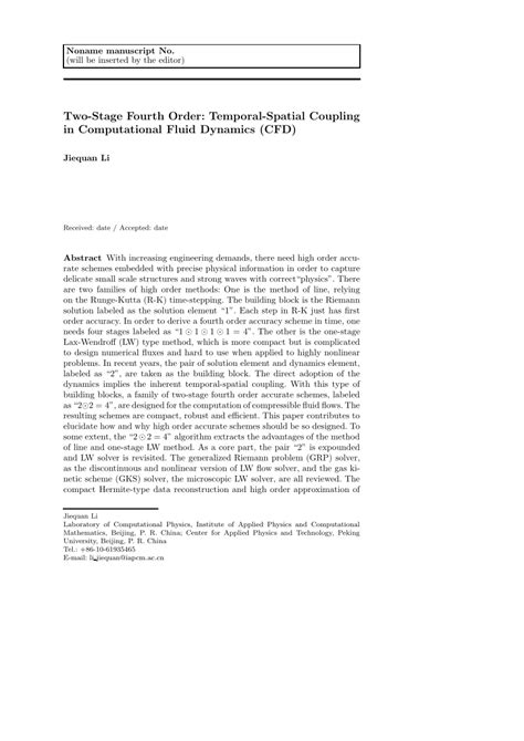 Pdf Two Stage Fourth Order Temporal Spatial Coupling In Computational Fluid Dynamics Cfd