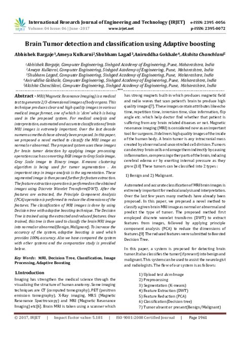 Pdf Brain Tumor Detection And Classification Using Adaptive Boosting