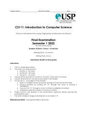 Cs Exam Pdf Student Name Student Number Seat Cs Introduction To Computer Science