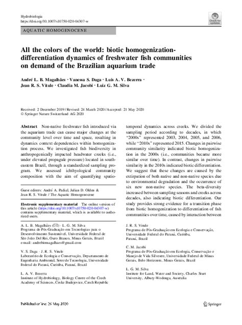 Pdf All The Colors Of The World Biotic Homogenization Differentiation Dynamics Of Freshwater