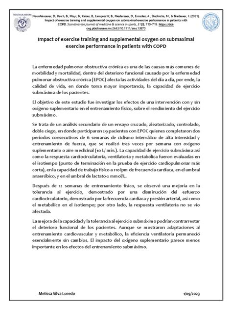 Resumen Impact Of Exercise Training And Supplemental Oxygen On Submaximal Exercise Performance