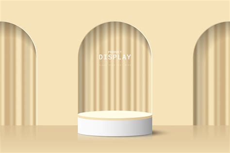흰색 갈색 3d 실린더 연단 받침대는 3개의 아치 문과 커튼 배경 앞에 현실적으로 배치됩니다 모형 또는 제품 프레젠테이션을 위한 최소한의 장면 3d 벡터 기하학적 형태