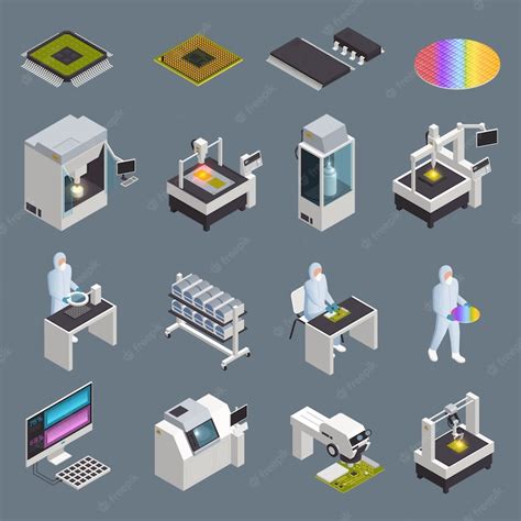 격리 된 첨단 시설 및 인간의 문자 벡터 일러스트와 함께 공급 반도체 칩 생산 아이소 메트릭 아이콘 모음 무료 벡터