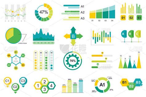 一组具有不同图表、流程图、工作流程图、时间线的信息要素数据可视化向量设计模板。用于商业统计、规划和分