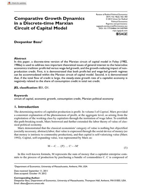Basu 2013 Comparative Growth Dynamics In A Discrete Time Marxian Circuit Of Capital Model Pdf