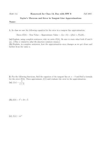 Taylors Theorem And Error In Tangent Line Approximations Worksheet For