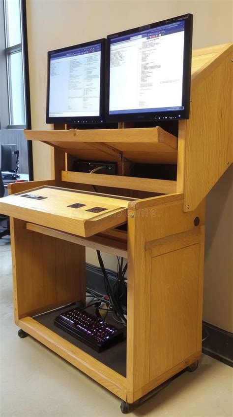 Dual Monitor Workstation With Wooden Desk Setup For Coding And