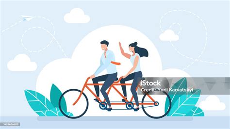 행복한 젊은 남녀 캐릭터 커플이 탠덤 자전거를 타고 쌍둥이 자전거를 타고 행복하게 웃는 커플 가족 협력의 개념 남편과 아내는 목표를 달성합니다 벡터 일러스트 레이 션 두발