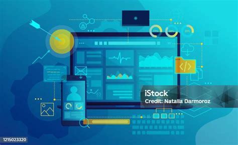 Seo 소프트웨어 인터페이스 플랫 벡터 그림입니다 검색 엔진 최적화 프로그램 Gui 디자인 휴대 전화 및 노트북 화면에 분석 차트 및 그래프 데이터 분석 응용 프로그램