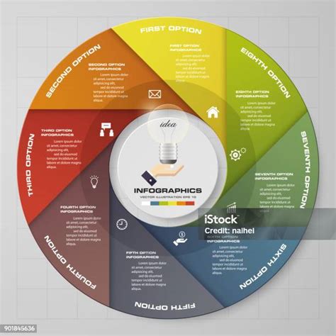 8 단계 현대 원형 차트 인포 그래픽 요소를 추상화 합니다 벡터 일러스트입니다 0명에 대한 스톡 벡터 아트 및 기타 이미지