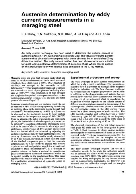 Pdf Austenite Determination By Eddy Current Measurements In A Maraging Steel