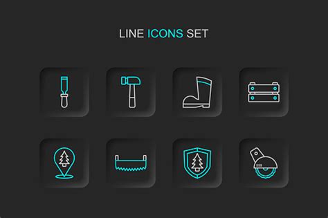 세트 라인 전기 원형 톱 나무와 방패 양손 숲의 위치 나무 상자 방수 고무 부츠 망치와 끌 도구 아이콘 벡터 강철에 대한 스톡 벡터 아트 및 기타 이미지 Istock