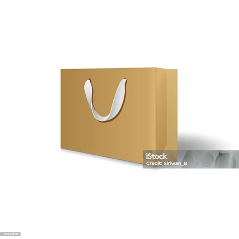 빈 갈색 크래프트 종이 쇼핑백 또는 리본 핸들 모형 템플릿이 있는 선물 가방 그림자가 있는 흰색 배경에 격리되어 있습니다 브랜딩 디자인에 사용할 준비가 되었습니다 현실적인