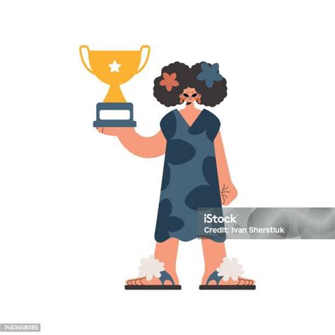 활력이 넘치는 여인은 하얀 기초 위에 보관 된 승자의 유리를 손에 들고 있습니다 트렌디한 스타일 벡터 일러스트레이션 3차원 형태에 대한 스톡 벡터 아트 및 기타 이미지