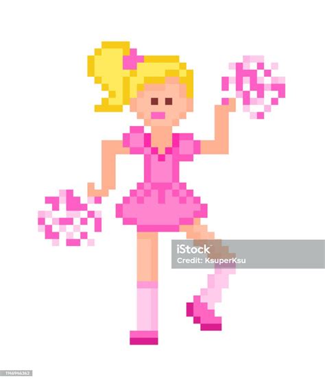8 비트 픽셀 아트 분홍색 드레스와 양말에 금발 치 어 리더 소녀 흰색 배경에 고립 된 Pom Poms와 점프 스포츠 팀 지원 문자 복고풍 80 년대 90 년대 슬롯 머신