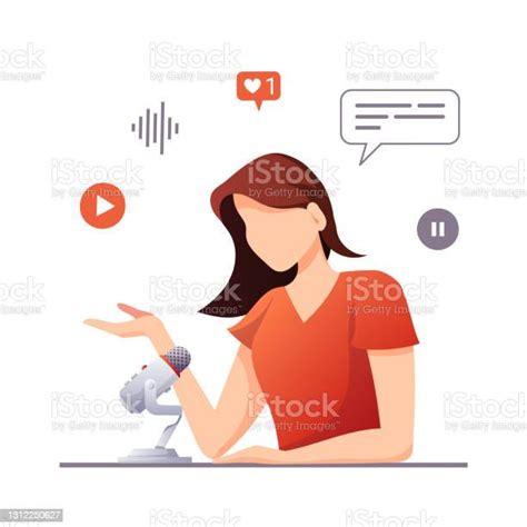 마이크 녹음 팟 캐스트와 여자 스트리밍 온라인 쇼 블로깅 팟 캐스트 라디오 방송 개념 개념에 대한 스톡 벡터 아트 및 기타 이미지 Istock