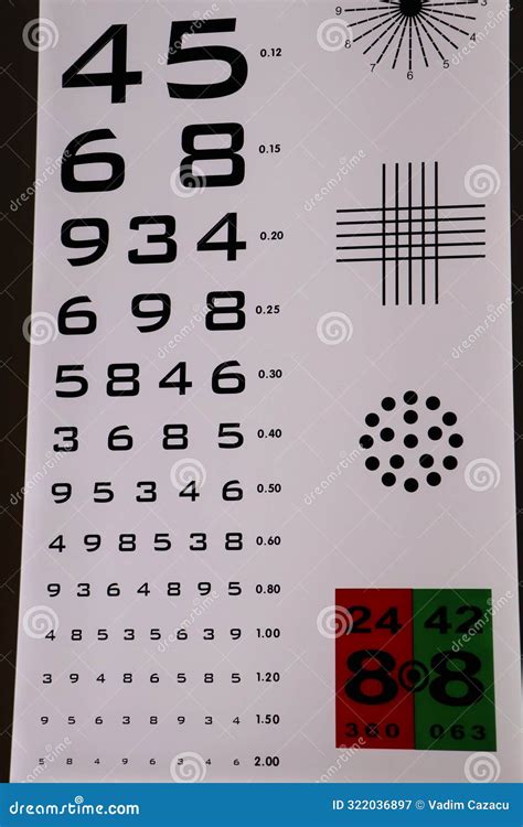 Color Vision And Acuity Eye Test Chart With Numbers And Symbols For Optometry Exam Stock Image