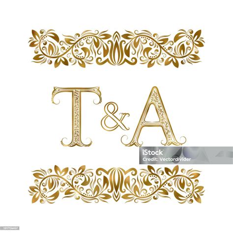 T와 빈티지 이티스 기호 문자는 장식 요소로 둘러싸여 있습니다 결혼식 또는 비즈니스 파트너 로얄 스타일의 모노그램 바로크 양식에 대한 스톡 벡터 아트 및 기타 이미지