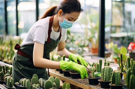 Premium Photo Asian Gardener Woman Wearing Face Mask And Apron Using