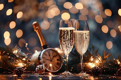 Two Champagne Glasses And Clock On Table Premium Ai Generated Image