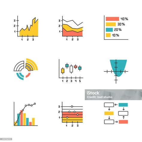 차트 및 그래프 색상 아이콘 설정입니다 수평 히스토그램 세그먼트가 있는 지역도표입니다 함수 곡선입니다 방사형 다이어그램 파레토