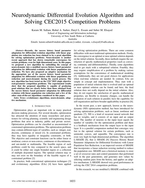 Pdf Neurodynamic Differential Evolution Algorithm And Solving Cec2015
