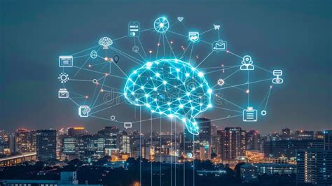 A Vibrant Cityscape At Night Overlaid With Neon Digital Brain And