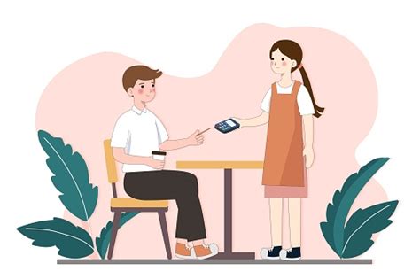 고객은 커피숍에서 신용카드와 Pos 단말기로 결제합니다 현금 없는 비접촉식 결제 Nfc 뱅킹 시스템 무선 거래 벡터 일러스트 레이 션 Brand Name Mobile