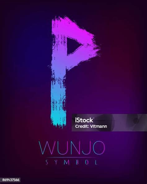 룬 스 칸디 나 비아 Wunjo 부 벡터 그림 이다입니다 Futhark 편지의 상징입니다 브러시 줄무늬에 트렌드 그라데이션 블루 핑크 색상으로 어두운 배경 흐림 마법과