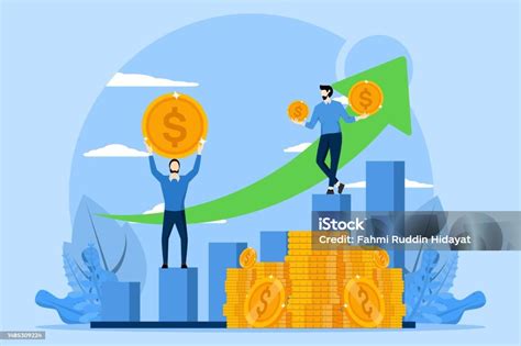 성공 개념 투자의 성공 그래프에 동전을 들고 있는 성공적인 사업가 성공으로 가는 길 긍정적인 사고와 성공적인 성취 파란색 배경에 평면 벡터 그림 메달 수상대에 대한 스톡