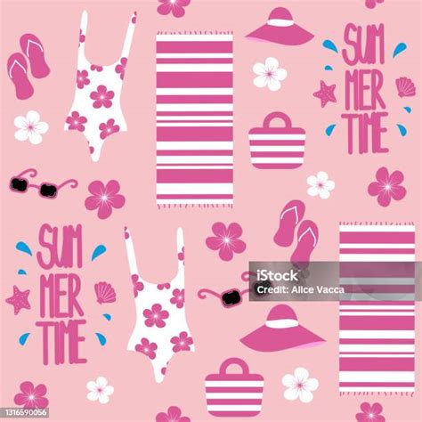 수영복 선글라스 플립 플롭 여름 모자 꽃 및 기타 해변 요소와 귀여운 사랑스러운 원한 벡터 패턴 배경 일러스트 0명에 대한 스톡 벡터 아트 및 기타 이미지 Istock