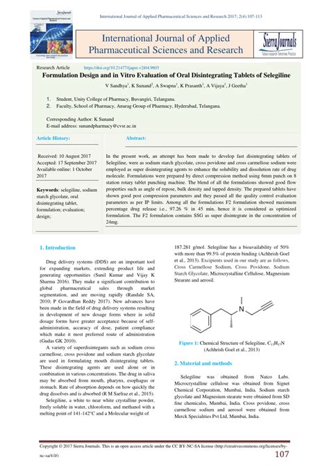 Pdf Formulation Design And In Vitro Evaluation Of Oral Disintegrating Tablets Of Selegiline