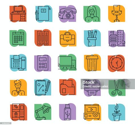 사무실 및 작업 공간 얇은 선 벡터 아이콘 세트입니다 디자인은 편집 가능하며 색상을 변경할 수 있습니다 창의력 아이콘의 벡터 세트 책상 전화 사무용품 노트북 폴더 프린터