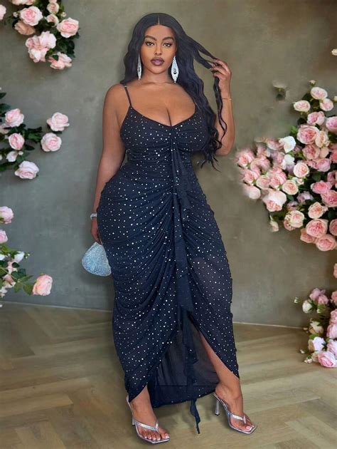 Slaydiva Womens Plus Size Black Mesh Sequins Cupped Bodycon Dress With