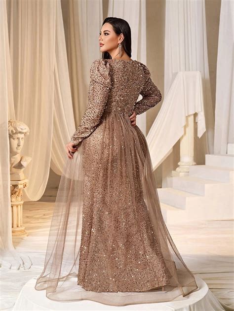 Plus Gigot Sleeves Split Mermaid Hem Sequin Formal Dress Curvepretty