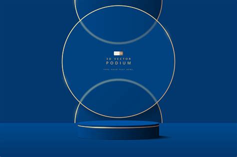 유리 원과 금색 스트로크 배경이 있는 제품 디스플레이 프레젠테이션을 위한 사실적인 고급 파란색 3d 실린더 연단 또는 받침대 무대 쇼케이스 쇼 제일 제품을 위한 3d 단계