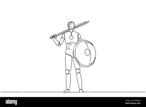 Single Continuous Line Drawing Robots Standing Holding Sword And Shield Modern Robotics