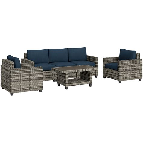 Outsunny 5 Seater Navy Blue Wicker Outdoor Furniture Set Wilko