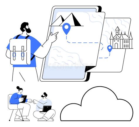 Interactive Map With Two Adventurers Planning Route To Different Landmarks Using Digital Tablet
