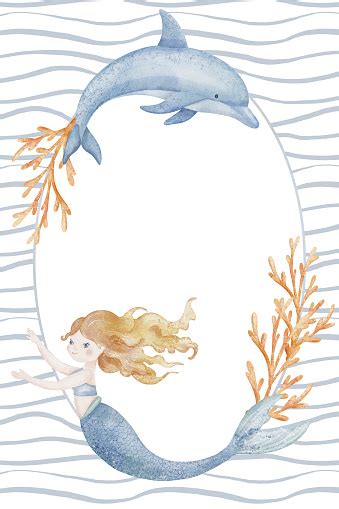 인어 돌고래 산호가 있는 수채화 템플릿 유치한 초대장 인사말 카드 또는 아기 배경을 위한 둥근 프레임의 그림 해양 디자인 또는 보육 포스터를 위한 Ocean Border