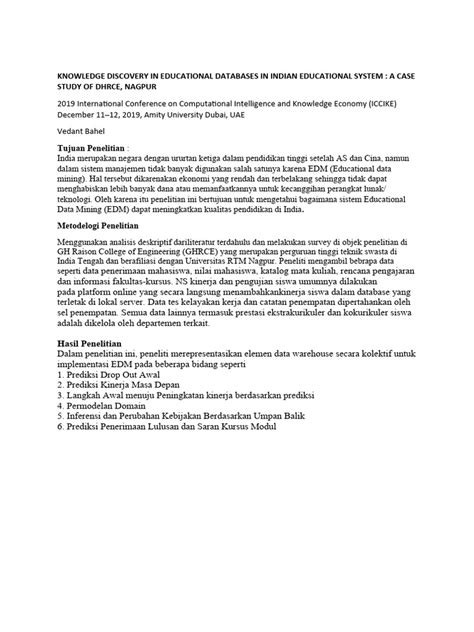 Review Jurnal Knowledge Discovery In Educational Databases In Indian Educational System Pdf