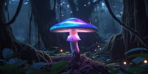 Glowing Bioluminescent Mushroom In A Mystical Forest Scene At Night