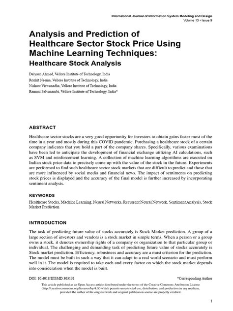 Analysis And Prediction Of Healthcare Sector Stock Price Using Machine Learning Techniques