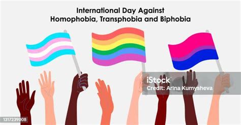 5월 17일 동성애 공포증 트랜스 포비아 및 공포증에 대한 국제 의 날 Lgbtq 플래그가 있는 다양한 피부 색의 손으로 수평 포스터 플랫 스타일로 벡터 그림 Eps 10