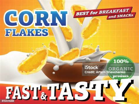 큰 우유 스플래시와 현실적인 콘플레이크 광고 일러스트 광고 전단지 포스터 또는 라벨 디자인을 위한 고품질 예술 3차원 형태에 대한 스톡 벡터 아트 및 기타 이미지 Istock