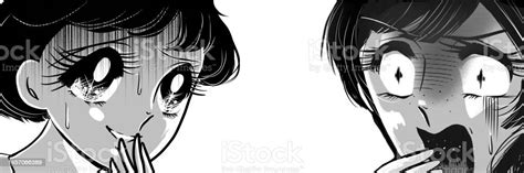70 년대의 흑백 펜 드로잉은 소름 끼치고 겁에 질린 검은 머리 소녀 Shoujo 만화 넓은 크기의 그림입니다 비명에 대한 스톡 벡터 아트 및 기타 이미지 Istock