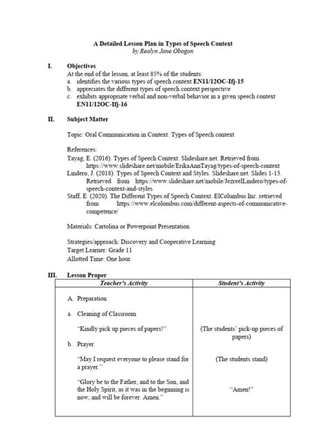 Shs A Detailed Lesson Plan In Types Of Speech Context Pdf Communication Lesson Plan
